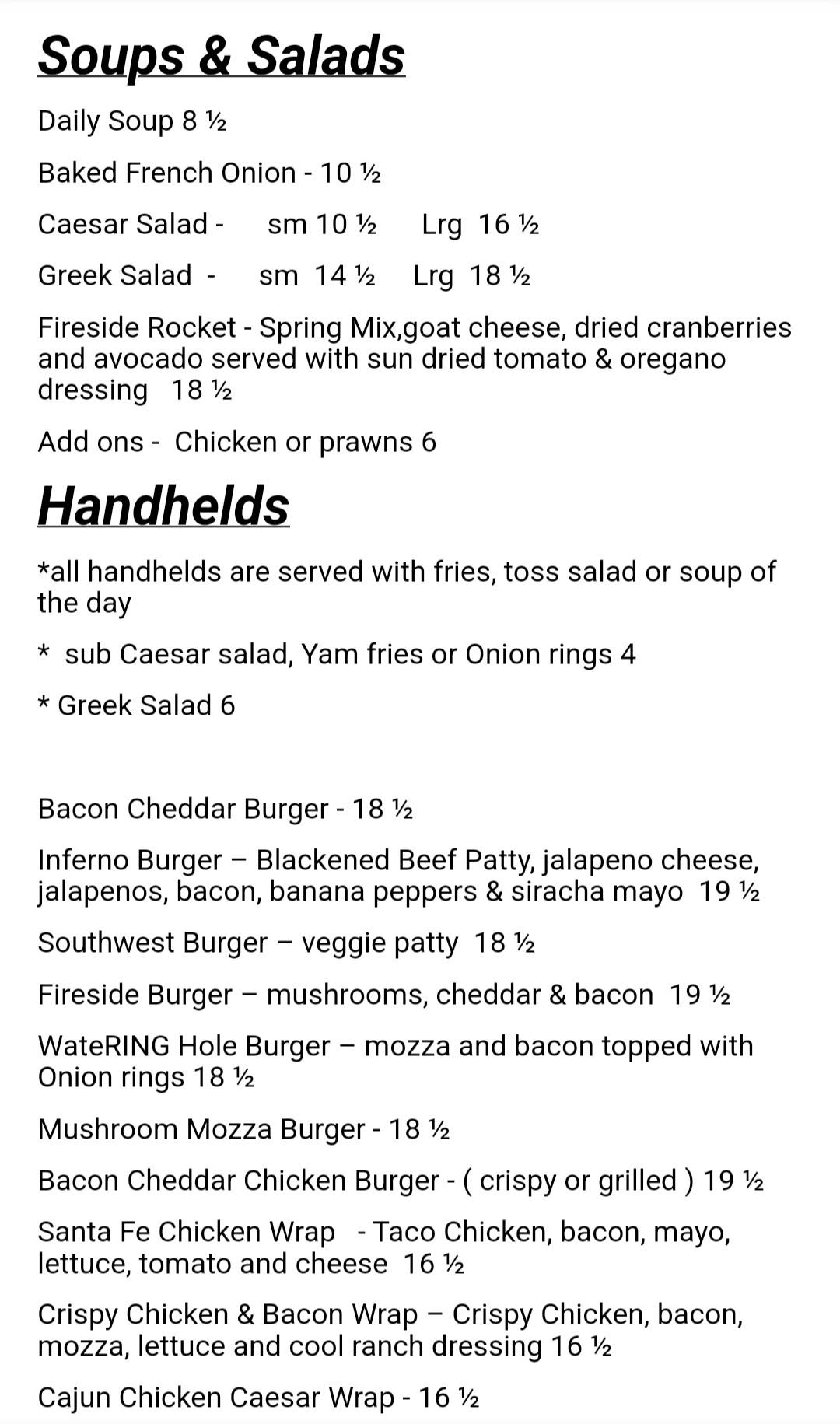 Menu at Fireside pub & bar, Sylvan Lake