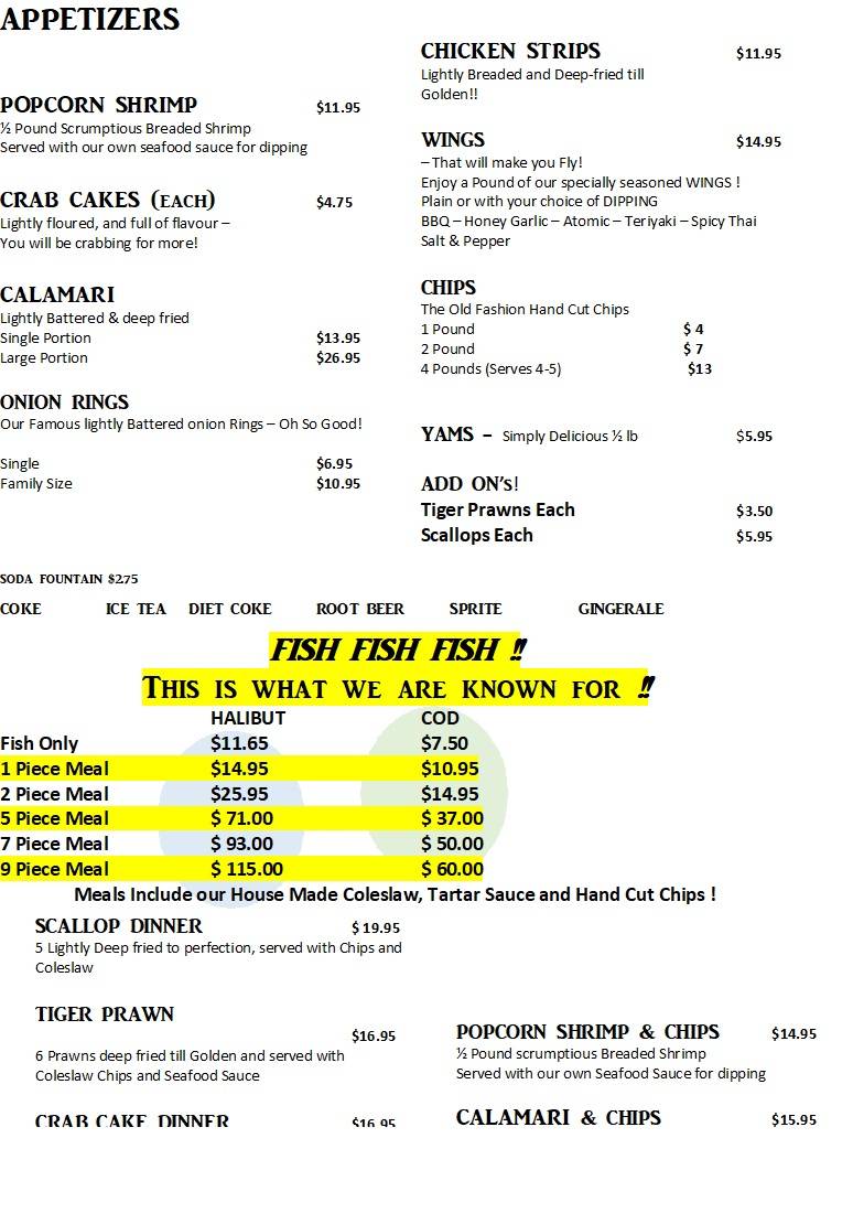 Menu at Fish O Chips restaurant, Sidney