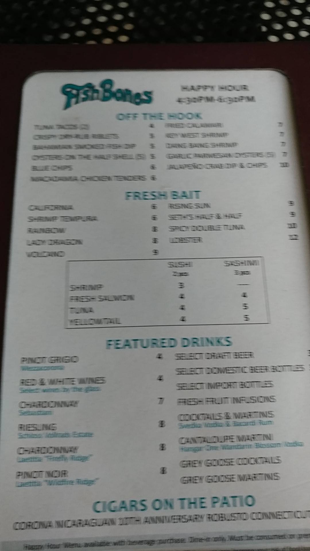 Menu at FishBones restaurant, Lake Mary
