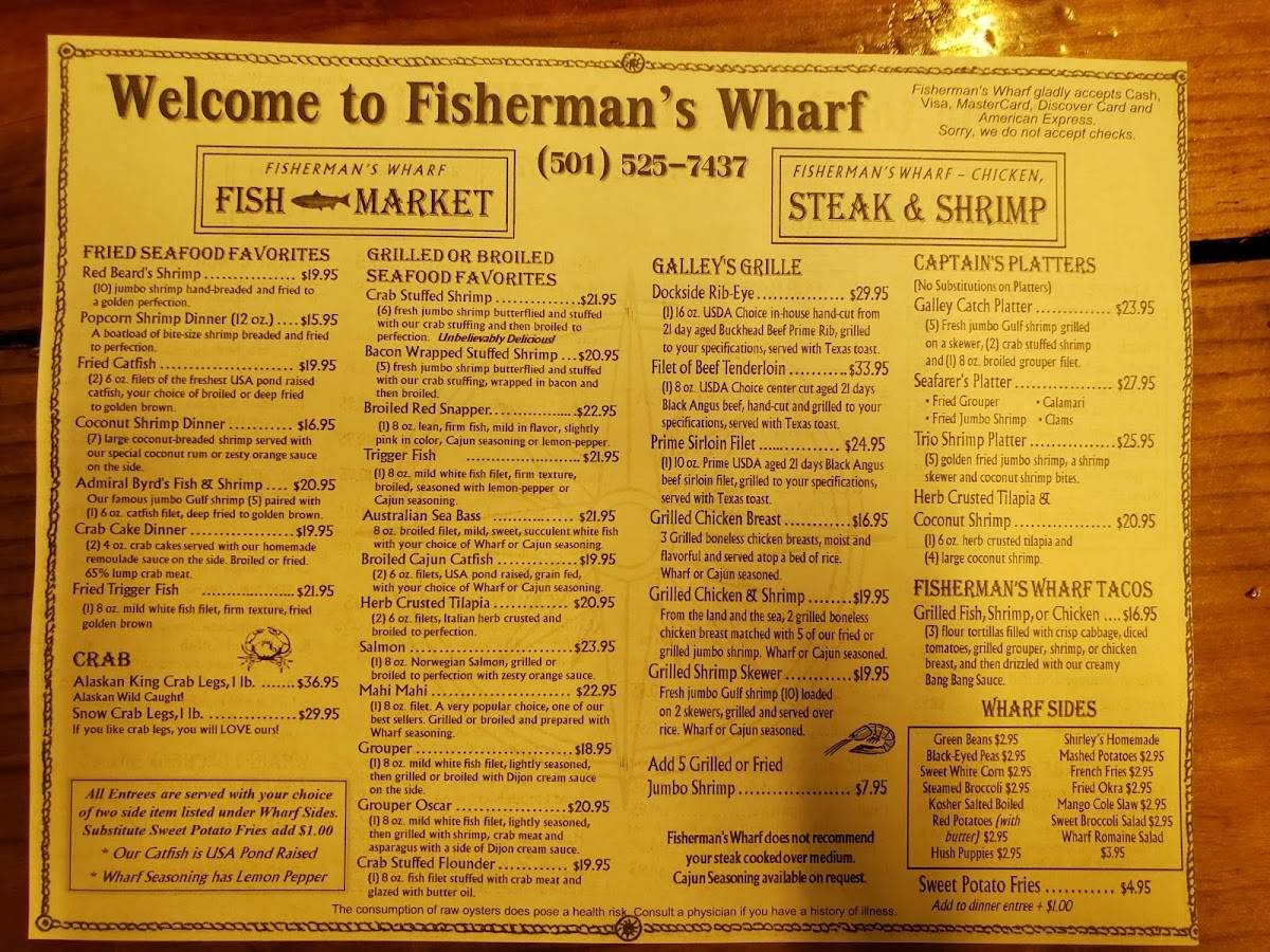 Menu at Fisherman's Wharf Steak & Seafood restaurant, Lake Hamilton