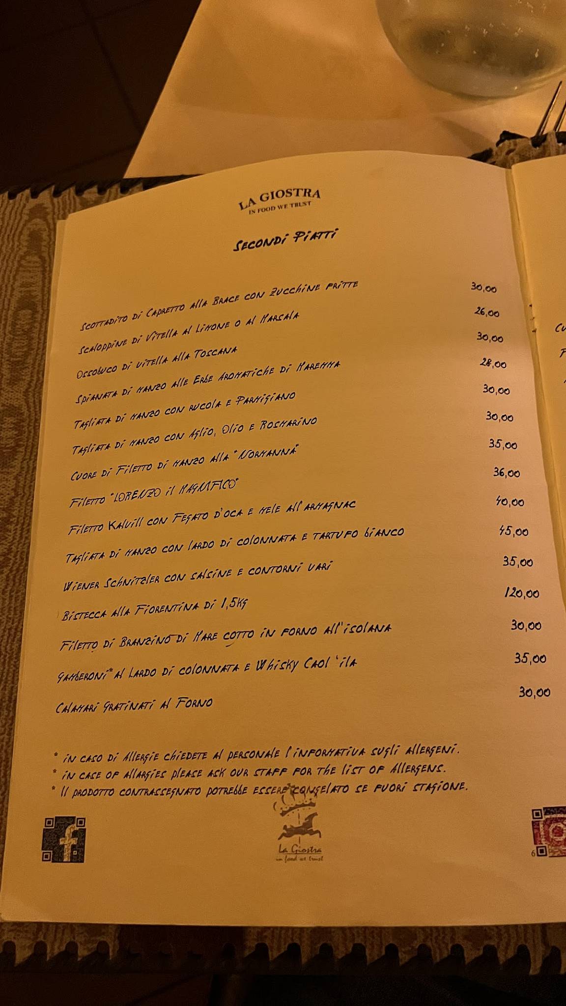 Menu at La Giostra restaurant, Florence, Borgo Pinti