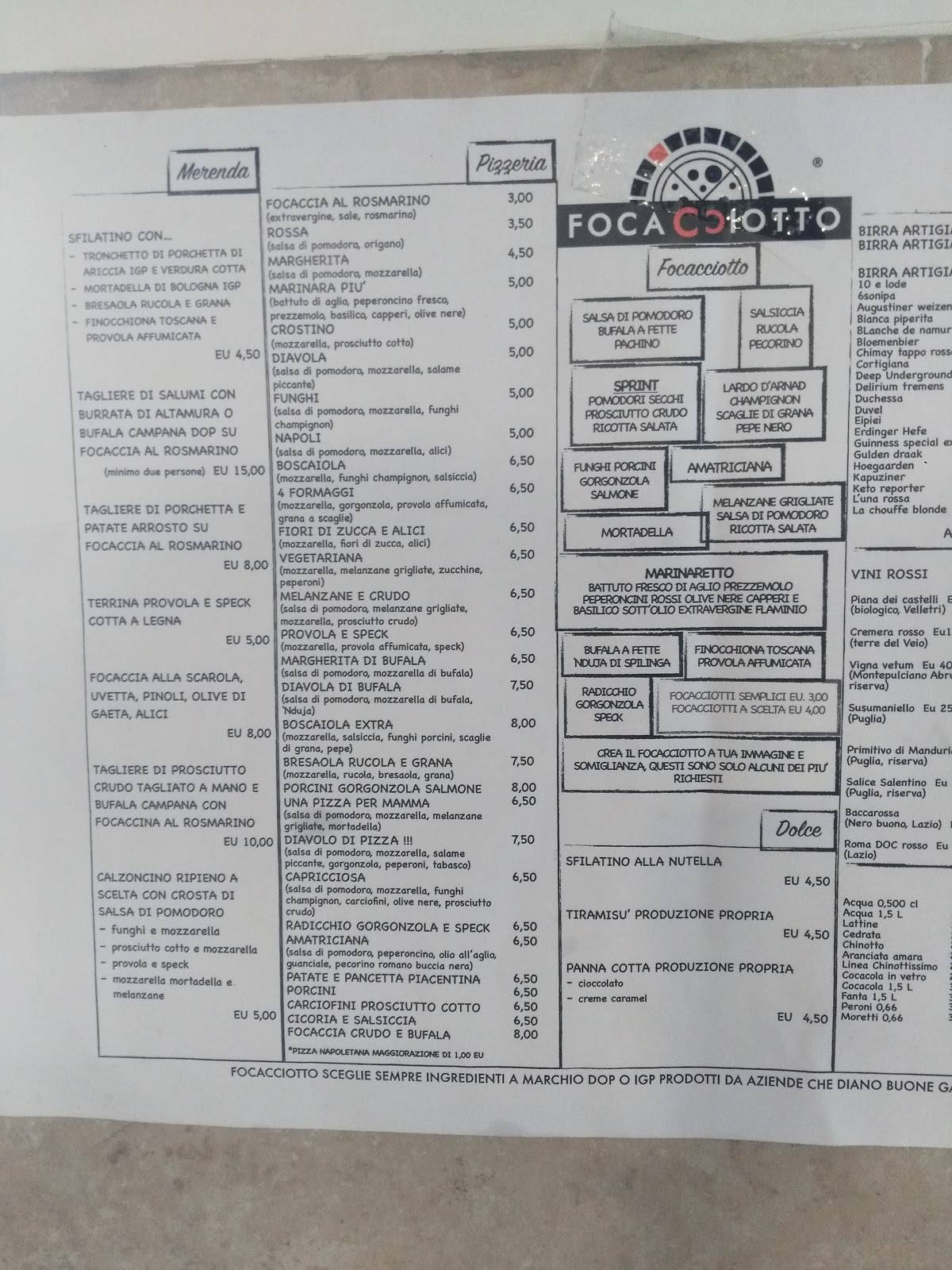 Menu da FOCACCIOTTO pizzeria, Roma, Via Gallarate