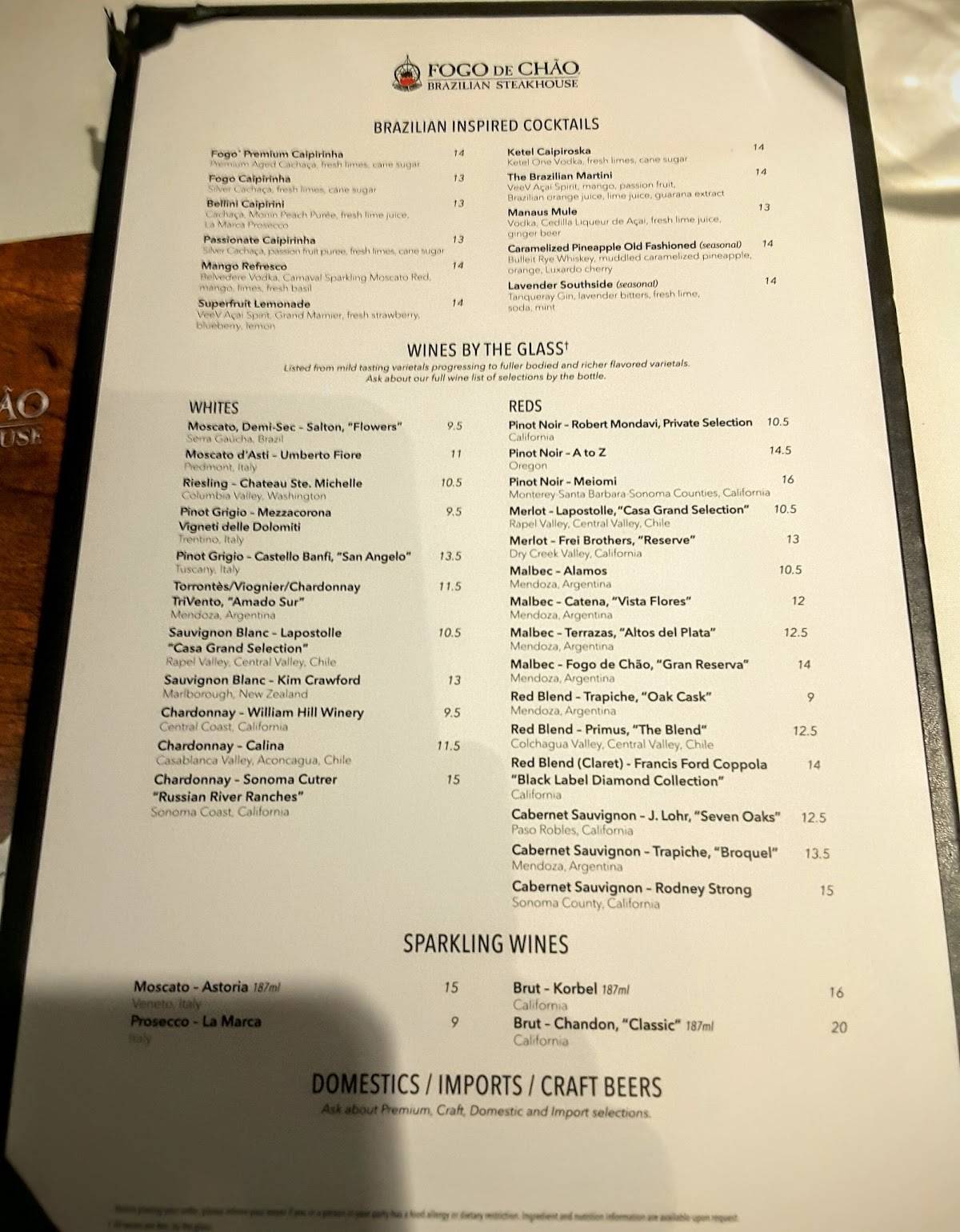 Menu at Fogo de Chão Brazilian Steakhouse, King of Prussia