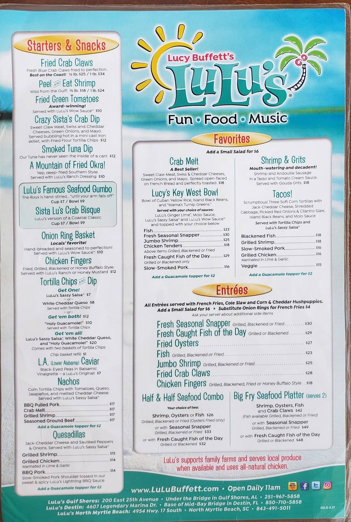 Menu at LuLu's Gulf Shores restaurant, Gulf Shores