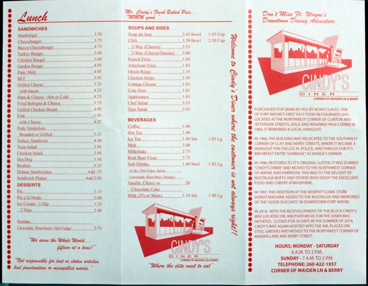 Menu at Cindy's Diner restaurant, Fort Wayne