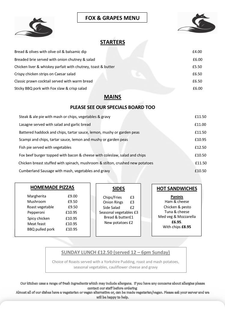 Menu at Fox & Grapes pub & bar, Pudsey, Fox & Grapes