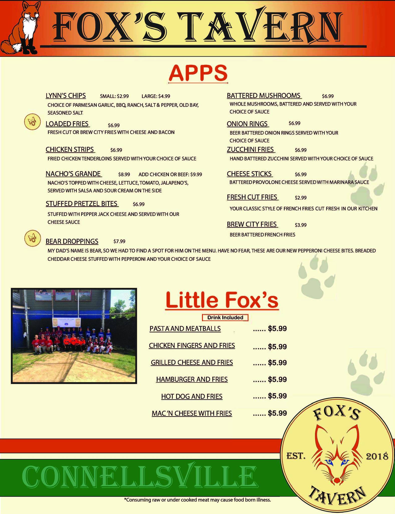 Menu at Fox’s Tavern pub & bar, Connellsville