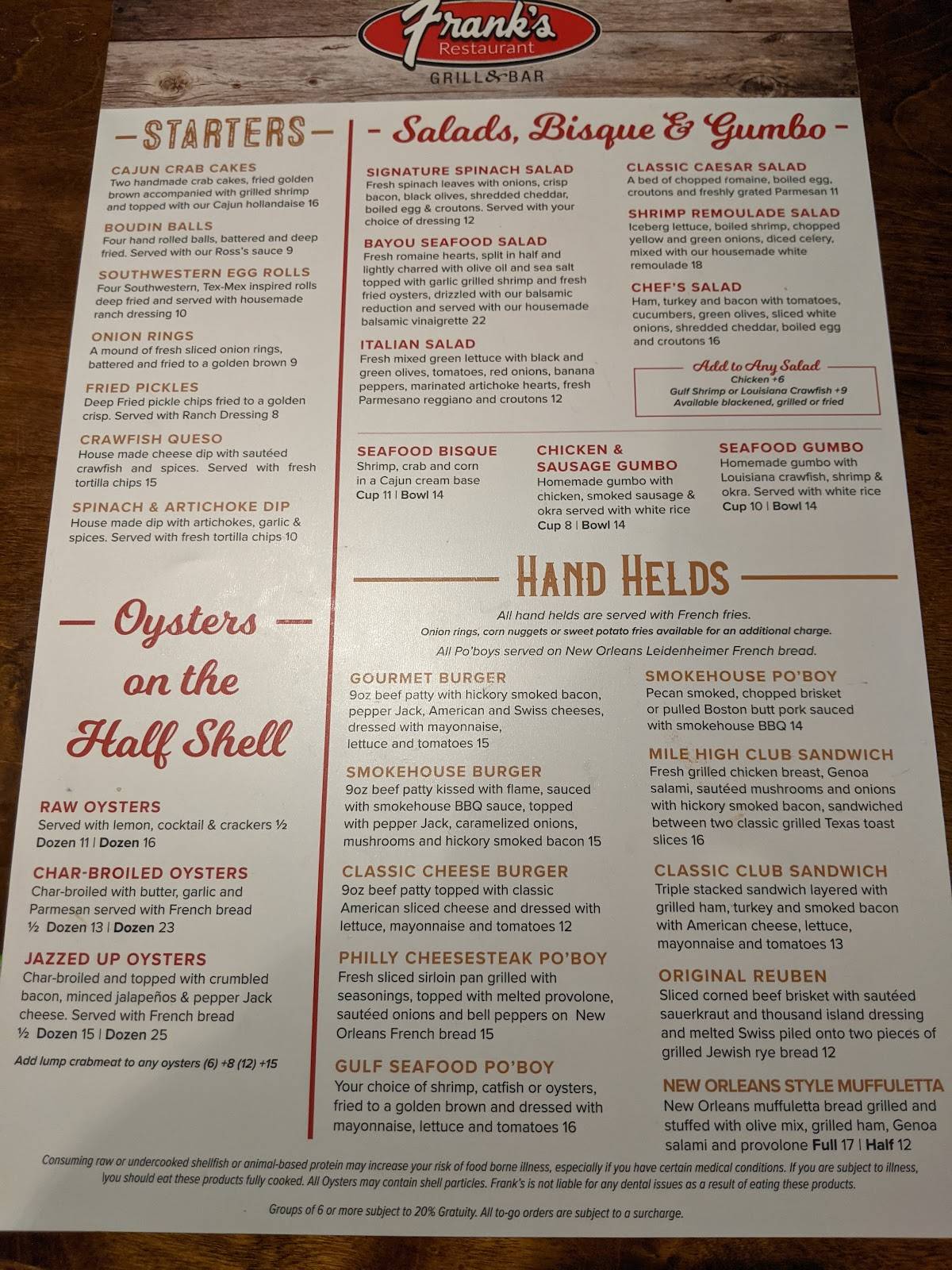 Menu at Frank’s Restaurant Grill & Bar-Prairieville, Prairieville ...