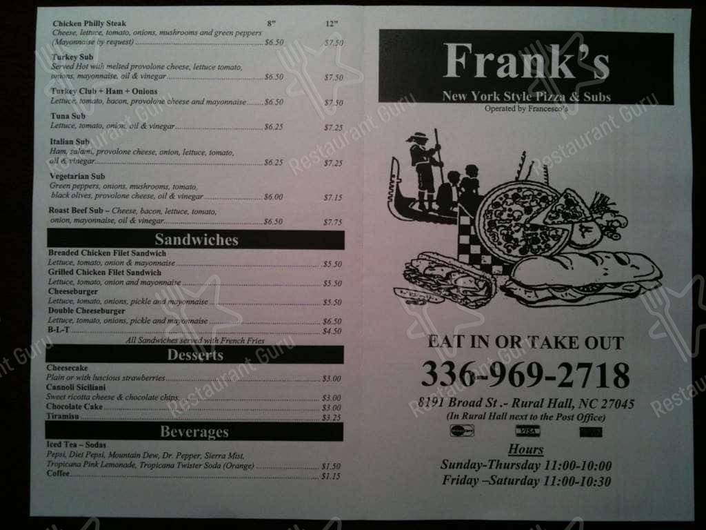 Menu at Frank's Restaurant, Rural Hall