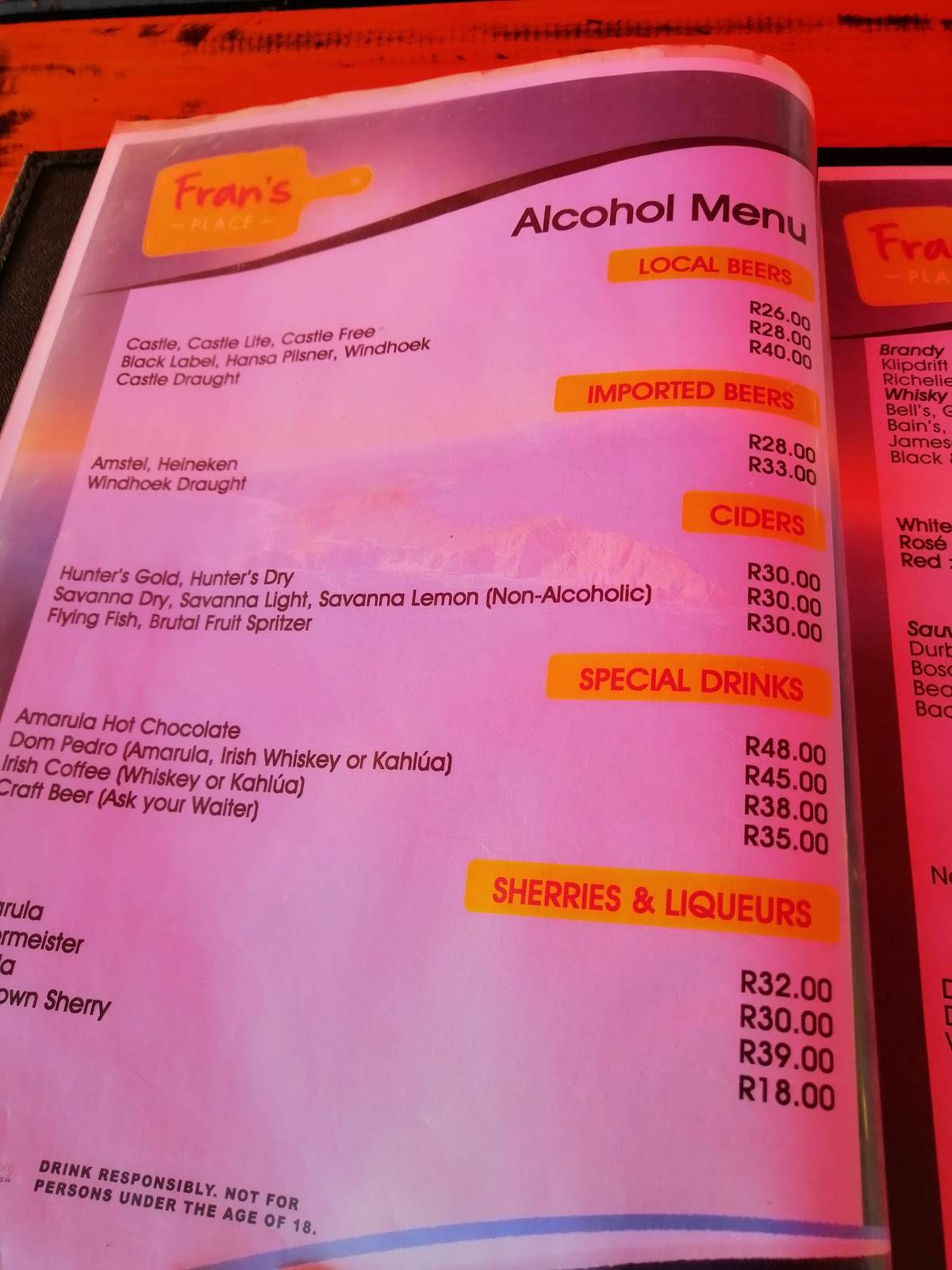 Menu at Fran's Place restaurant, Cape Town, 111 Jubilee St