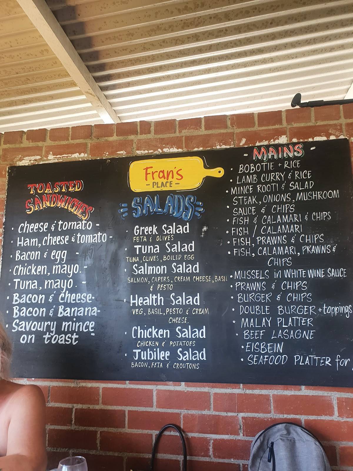 Menu at Fran's Place restaurant, Cape Town, 111 Jubilee St