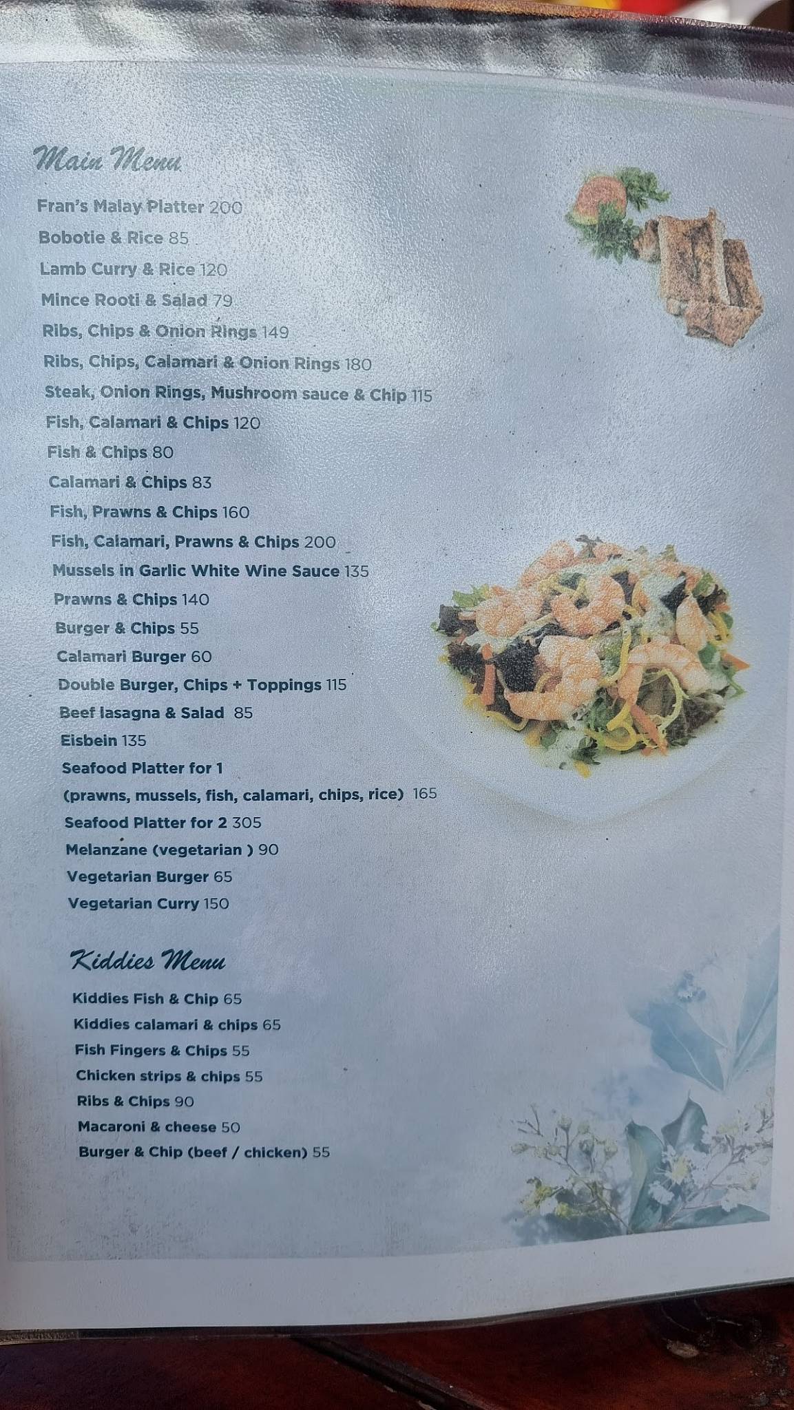 Menu at Fran's Place restaurant, Cape Town, 111 Jubilee St