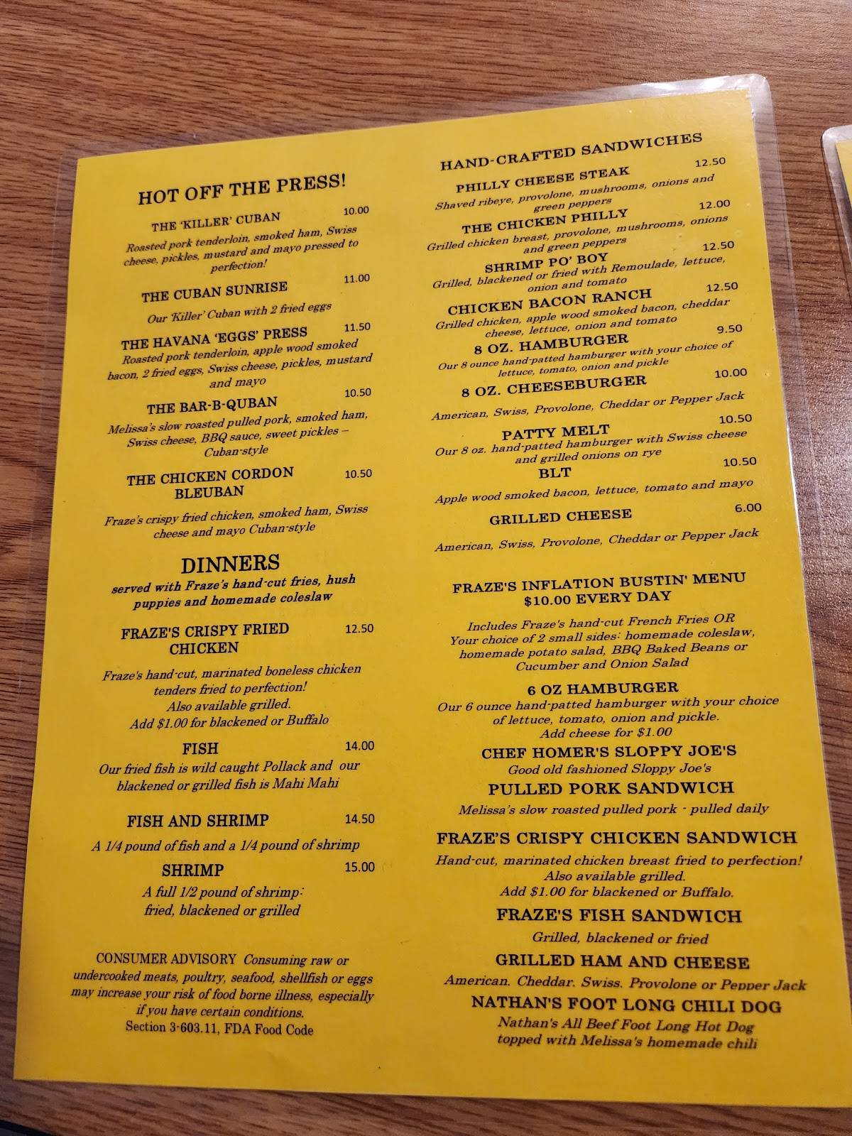 Menu at Fraze's Scratch Cookin' restaurant, Holly Hill, Ridgewood Ave