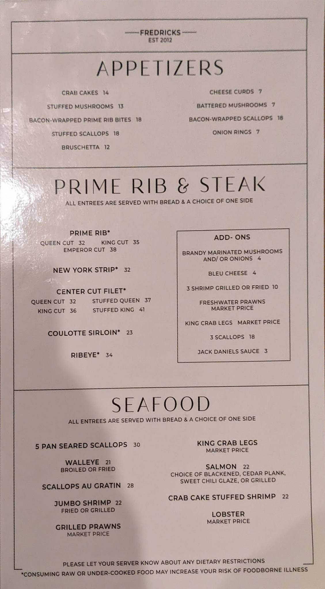 Menu at Fredrick's Supper Club, Milton