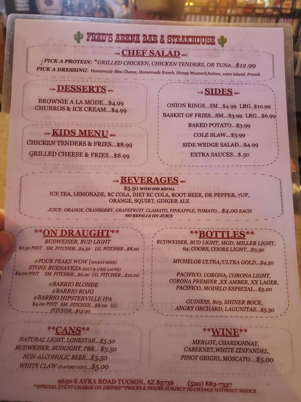 Menu at Fred's Arena Bar & Steakhouse, Three Points