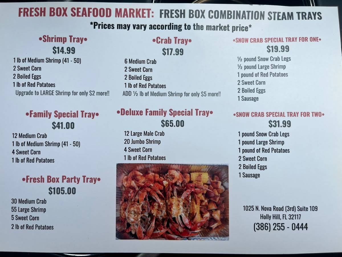 Menu at Fresh Box Seafood restaurant, Daytona Beach