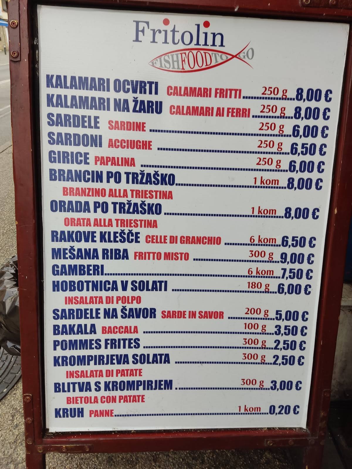 Speisekarte von Fritolin restaurant, Koper, Pristaniška ulica 2