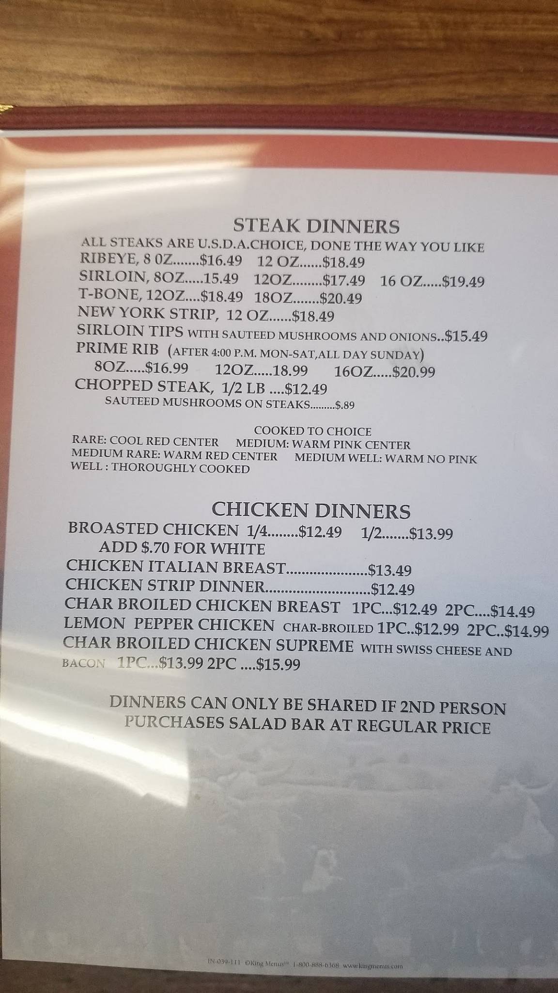 Menu at Frontier Steakhouse, Princeton