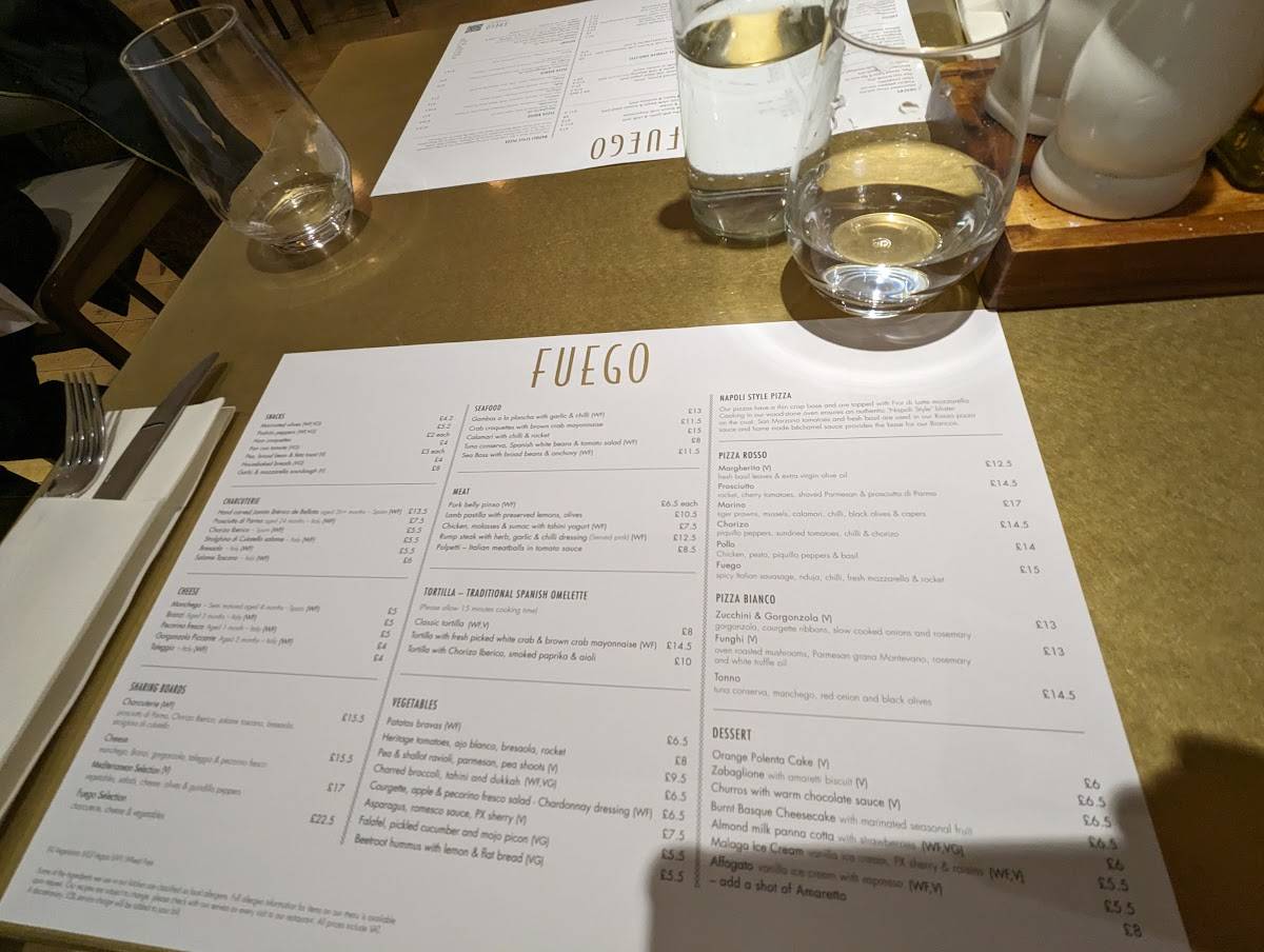 Menu at Fuego restaurant, Newcastle upon Tyne, 39 Northumberland St