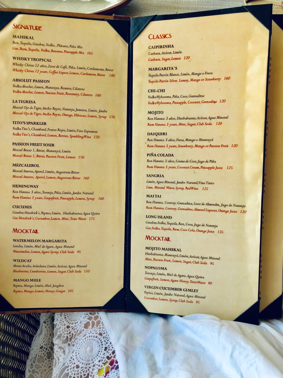 Menu at Fuego Restaurante y Cantina, Playa del Carmen