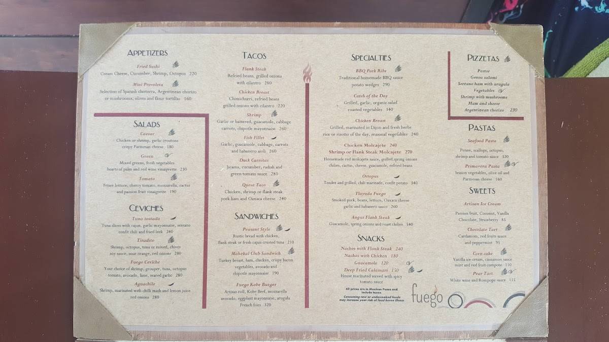 Menu at Fuego Restaurante y Cantina, Playa del Carmen