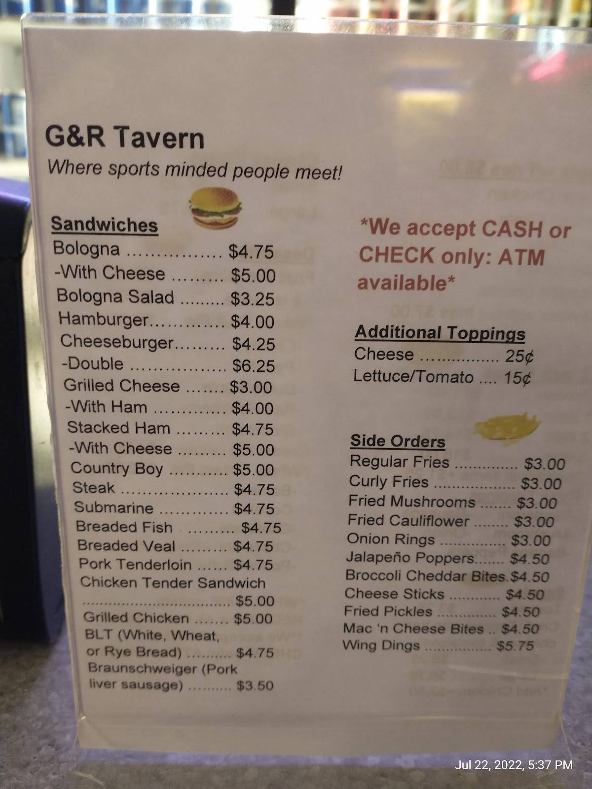 Menu at G & R Tavern desserts, Waldo