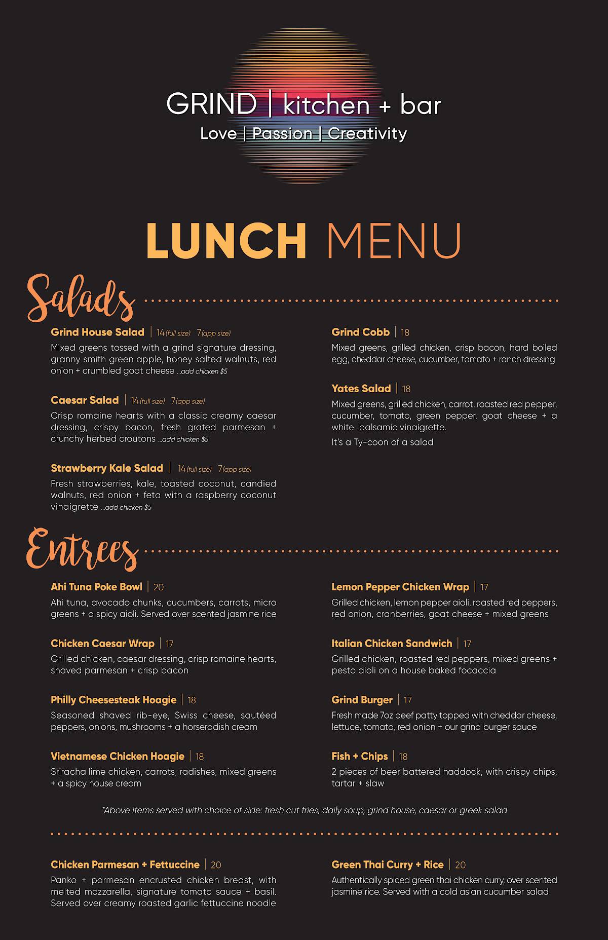 Menu at GRIND kitchen + bar, Sarnia