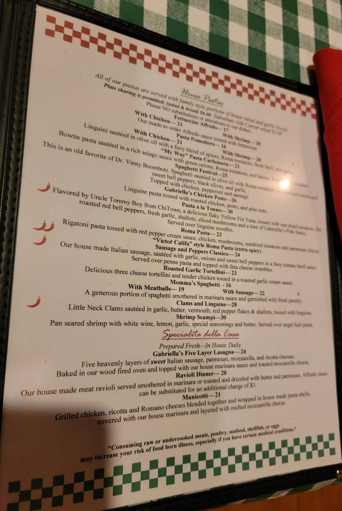 Menu at Gabriella's pizzeria, South Padre Island