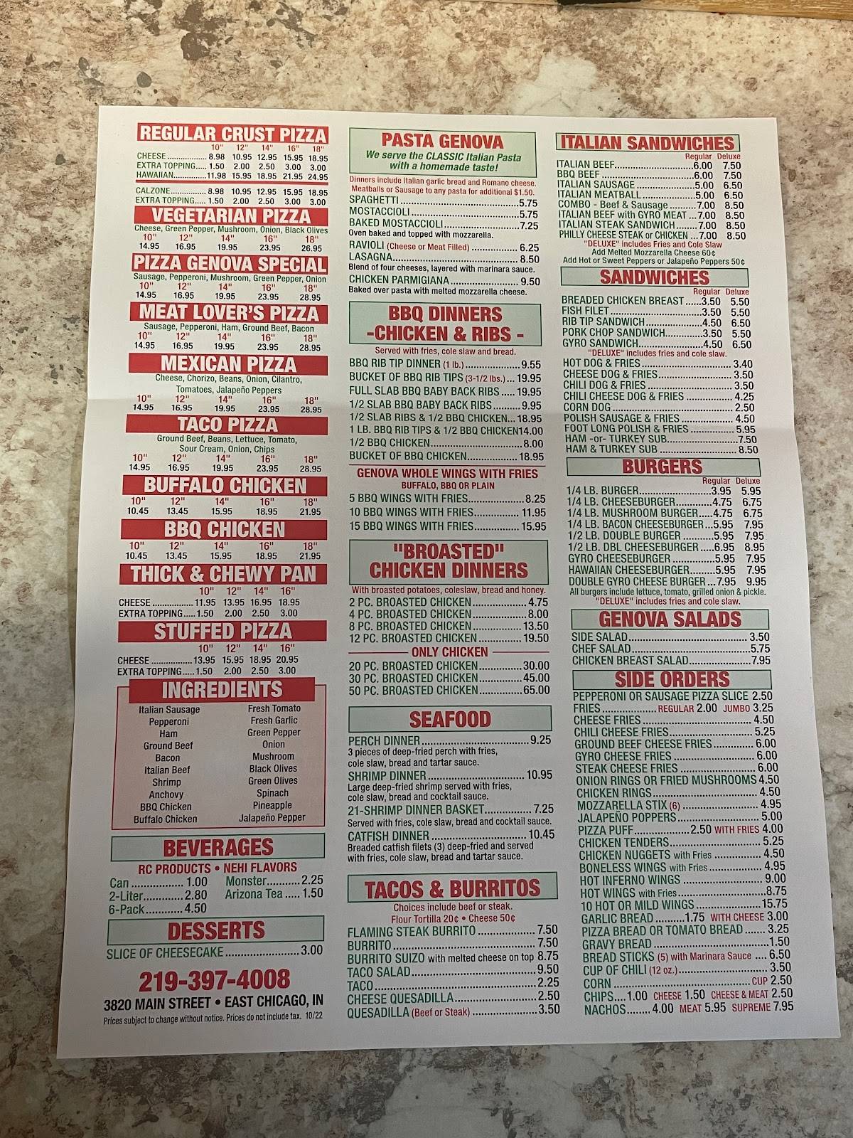Menu at Genova Pizza pizzeria, East Chicago