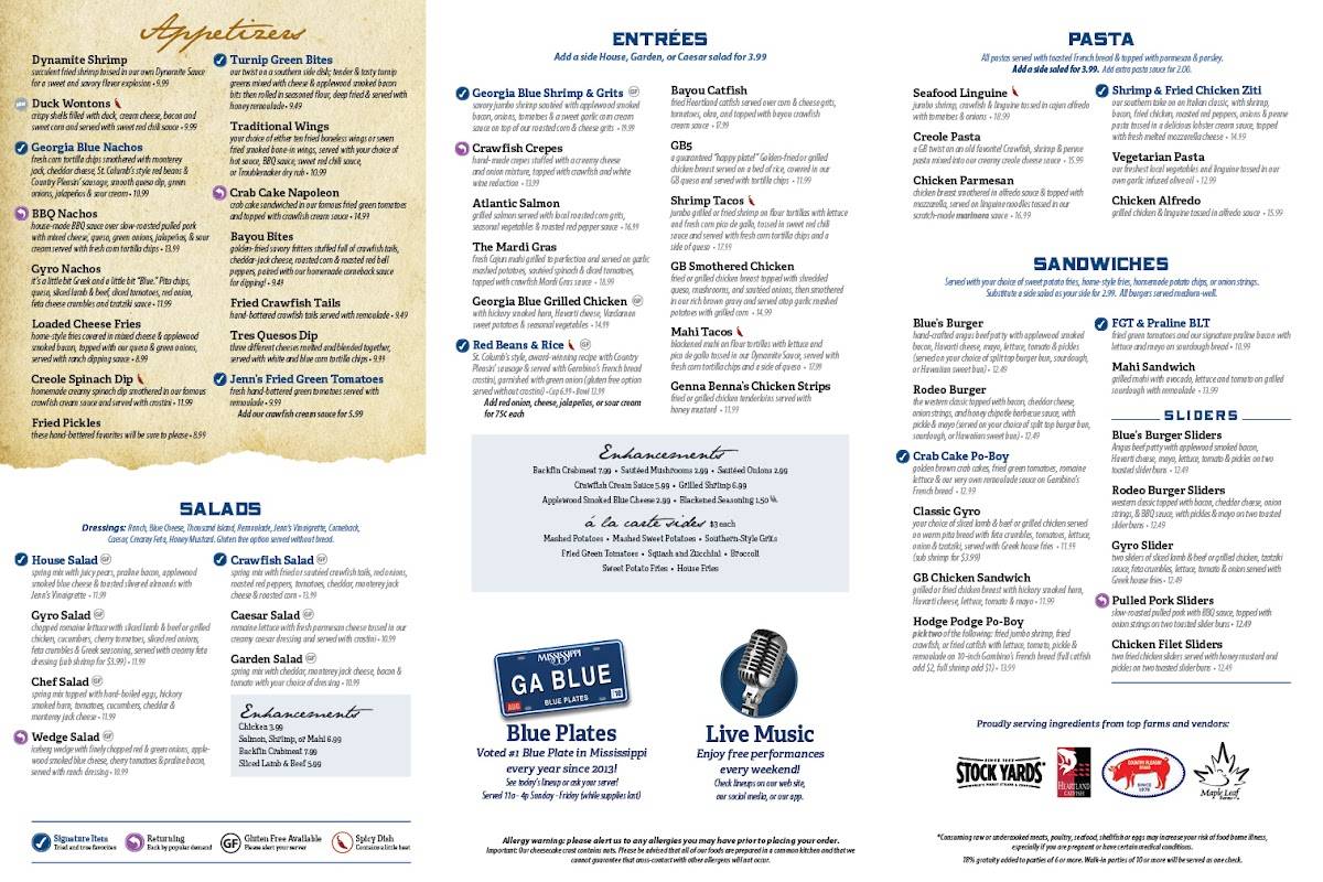 Menu at Georgia Blue restaurant, Starkville