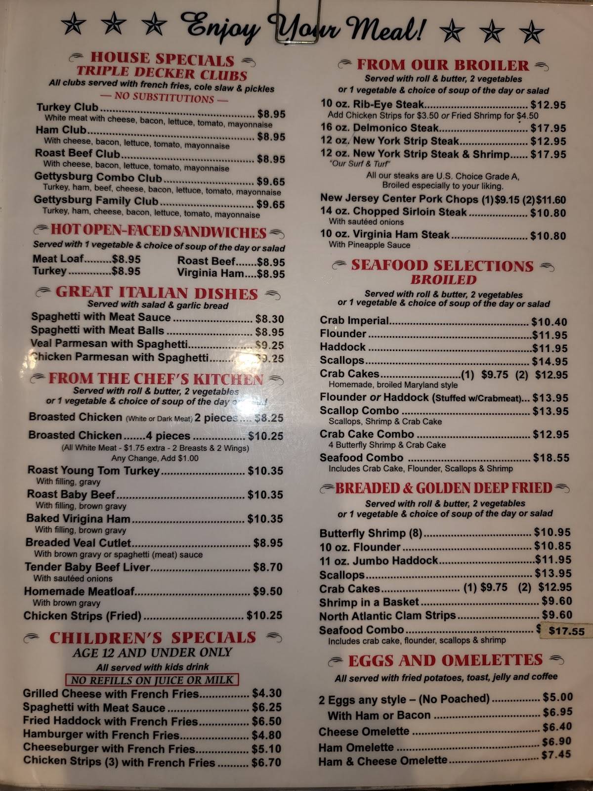 Menu at Gettysburg Family Restaurant, Gettysburg, York St #5
