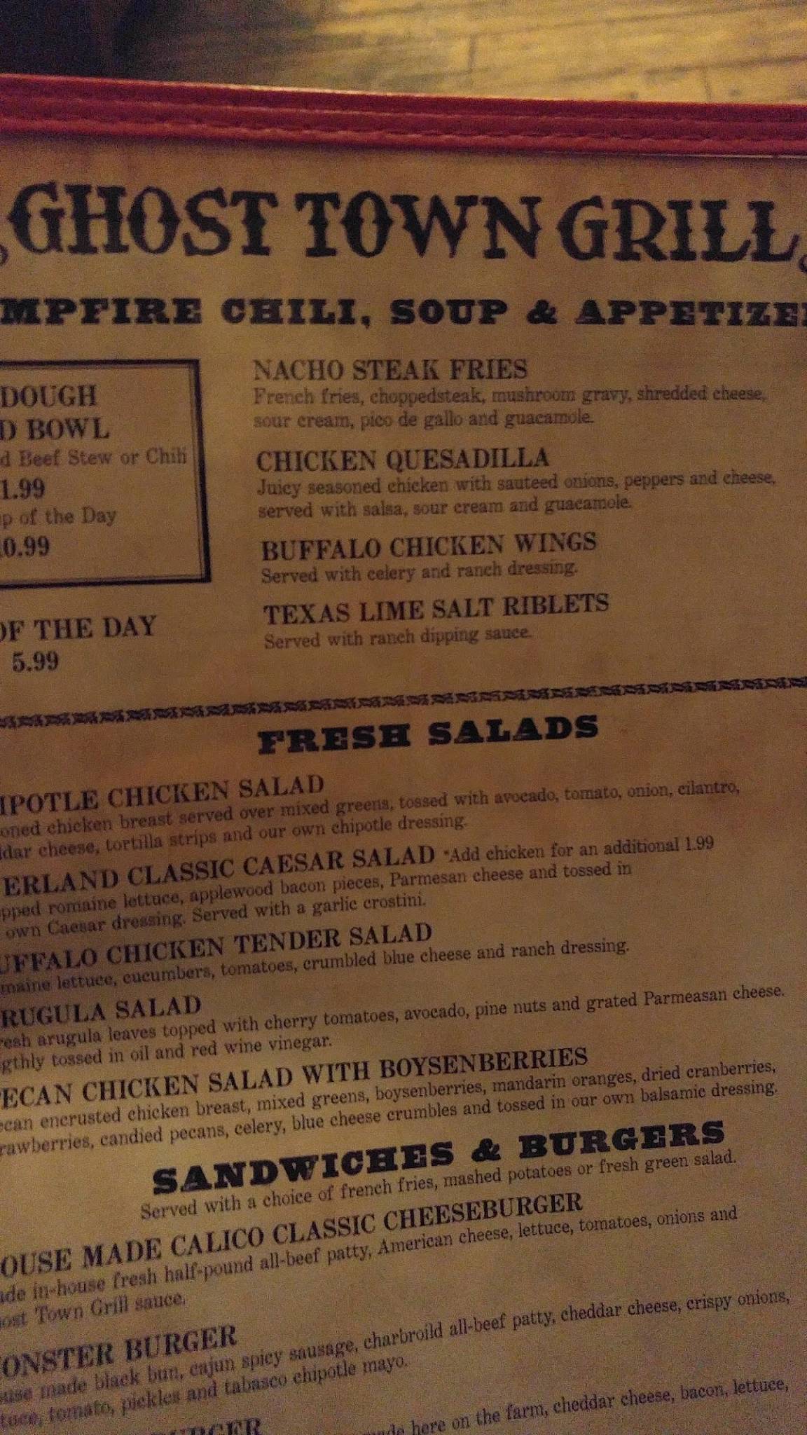 Menu at Ghost Town Grill restaurant, Buena Park