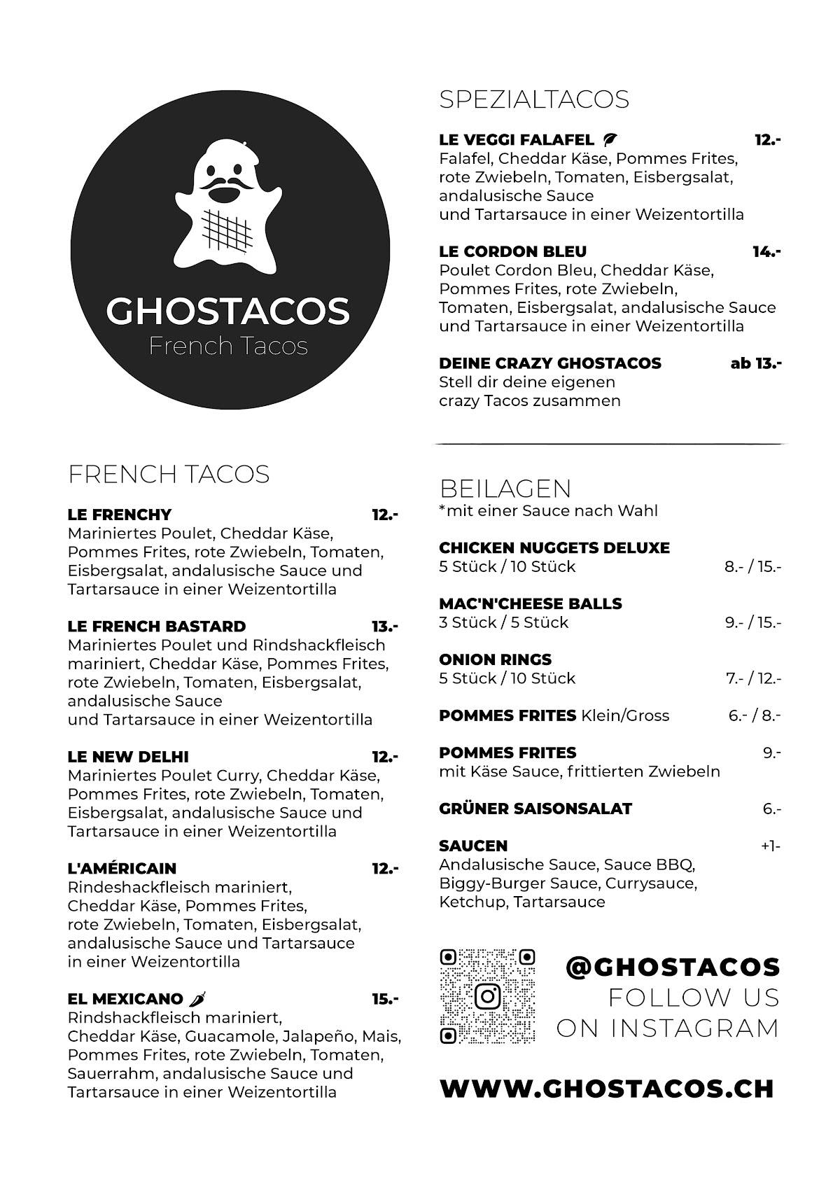 Speisekarte von Ghostacos French Tacos, Basel