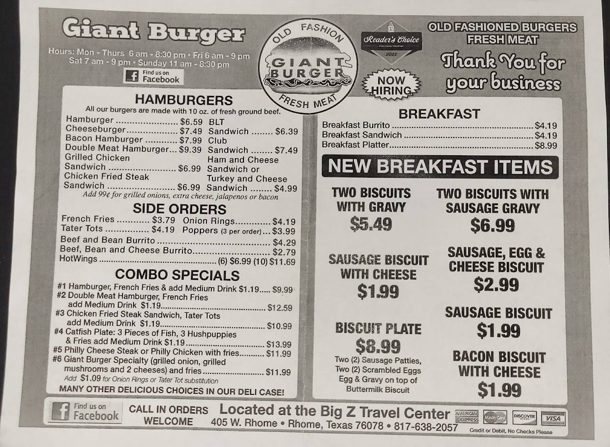 Menu at Giant Burger restaurant, Rhome