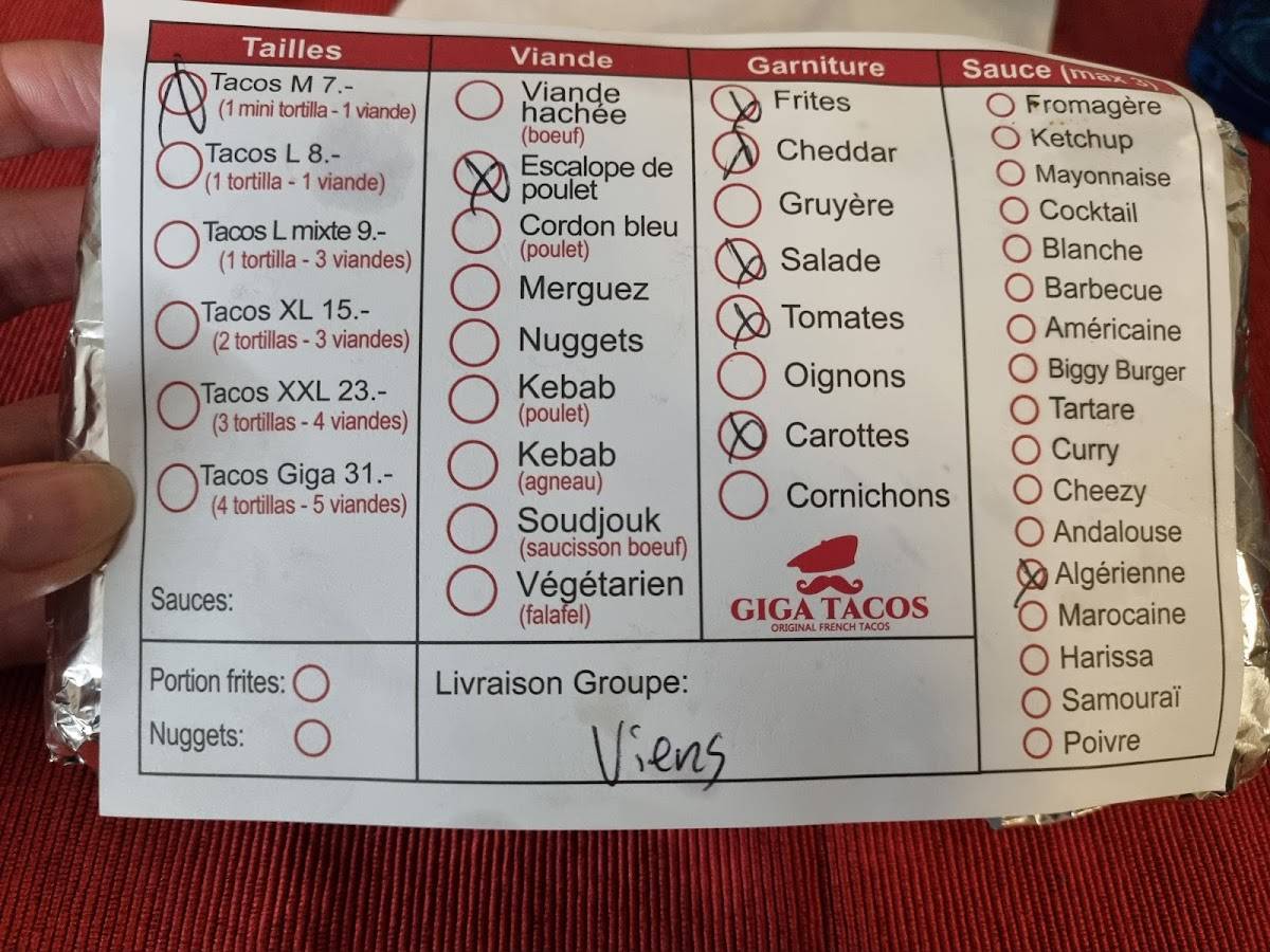 Menu at Giga Tacos, Renens