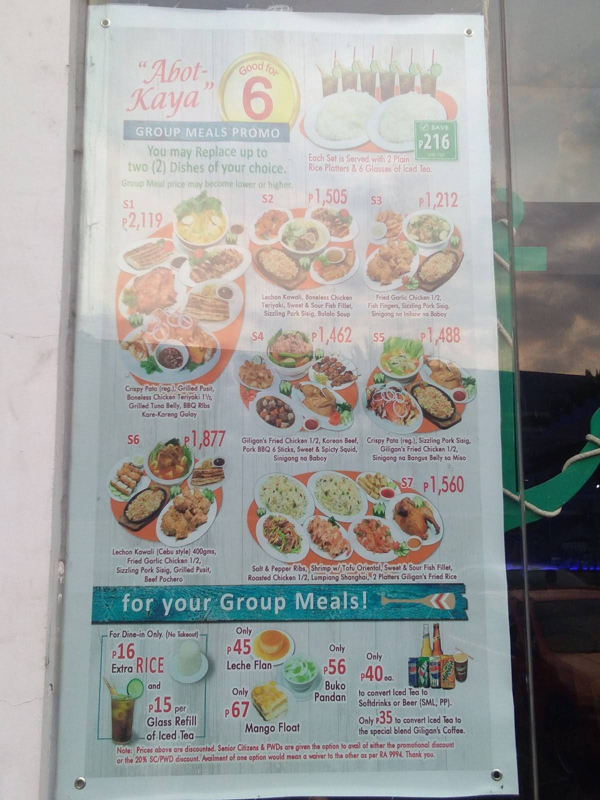 Carta de Giligan's Restaurant - SM Tower Mall, Trece Martires
