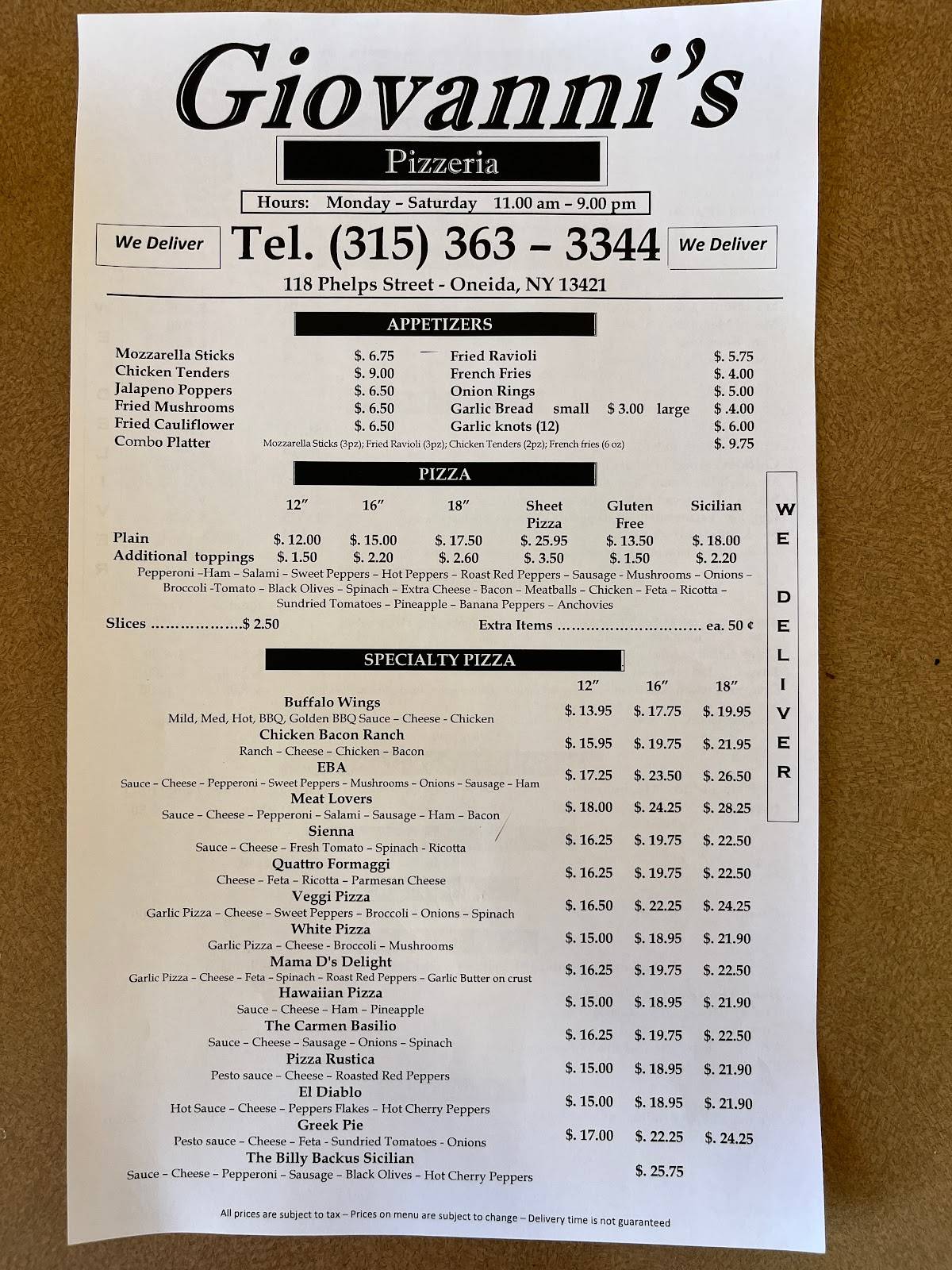 Menu at Giovanni's The Big Cheese pizzeria, Oneida, 118 Phelps St