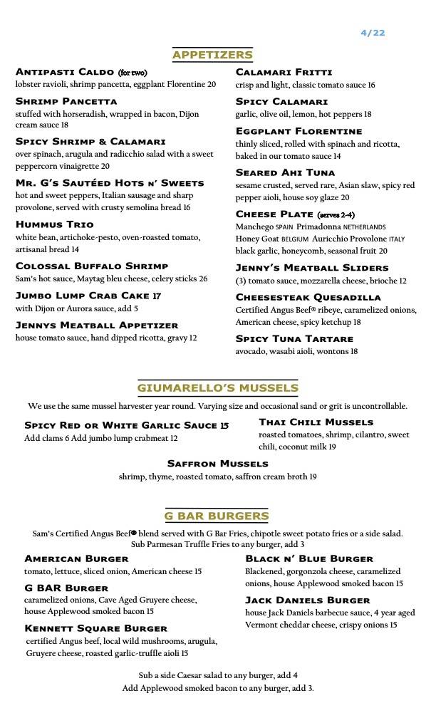 Menu at Giumarello's Restaurant & G Bar, Haddon Township