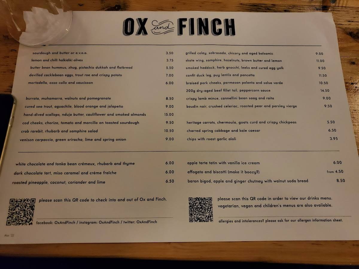 Menu at Ox and Finch restaurant, Glasgow, 920 Sauchiehall St