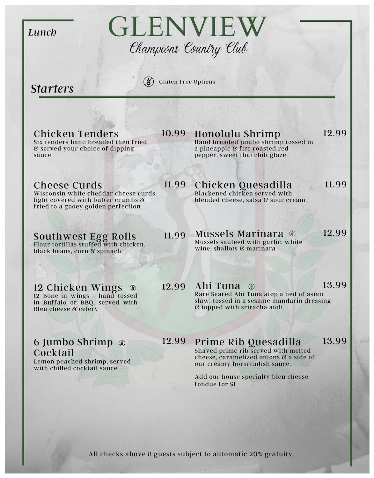 Glenview Country Club Menu