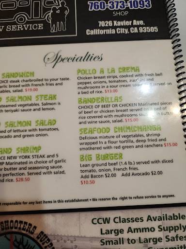 Menu at Gloria's Mexican Restaurant, California City