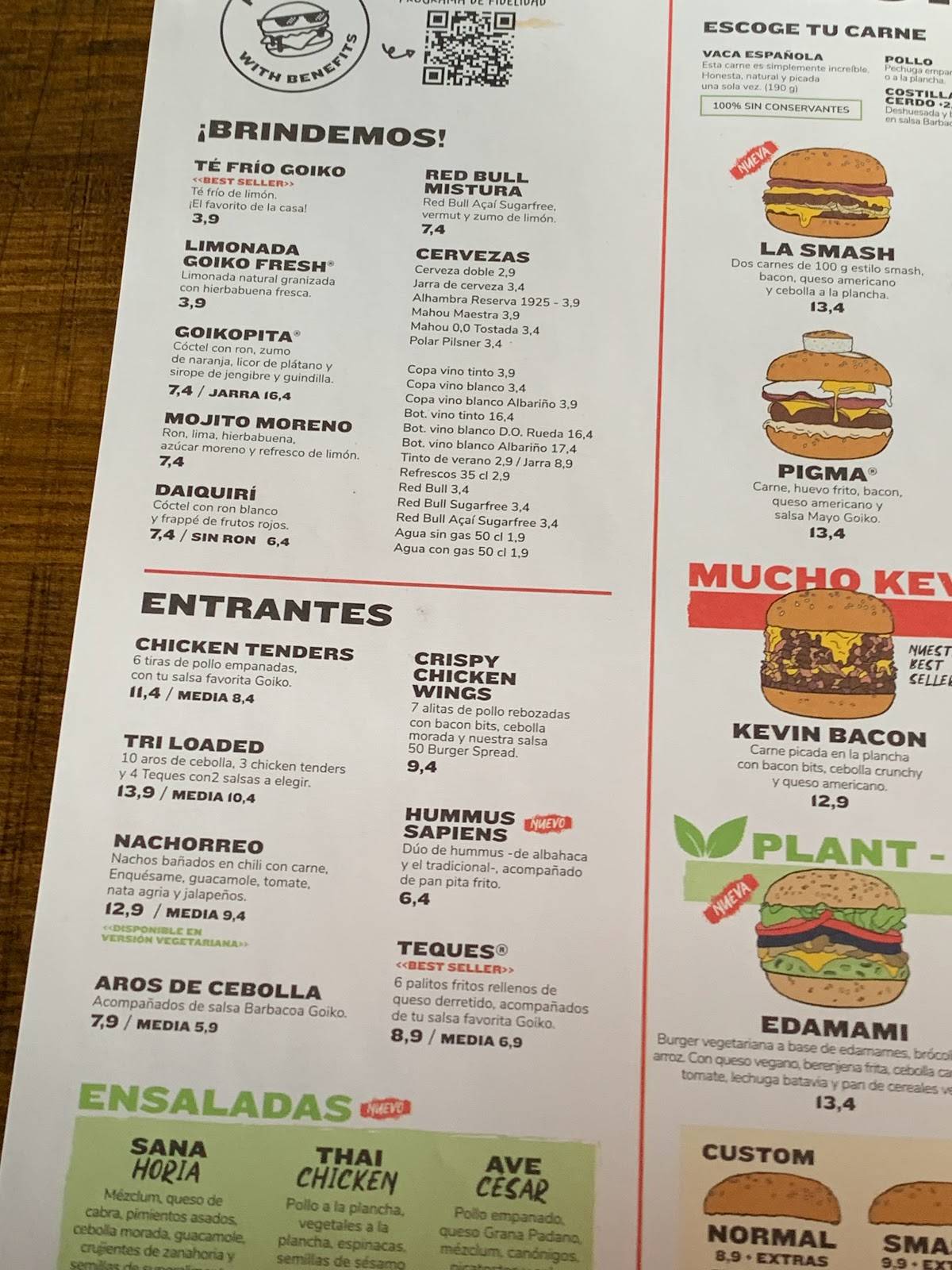 Carta del restaurante Goiko, Madrid, C. del Silvano