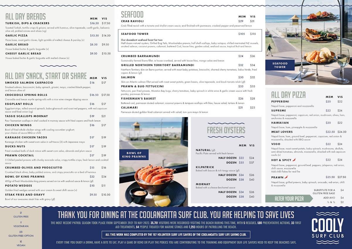 Menu at Coolangatta Surf Club, Coolangatta, Marine Parade