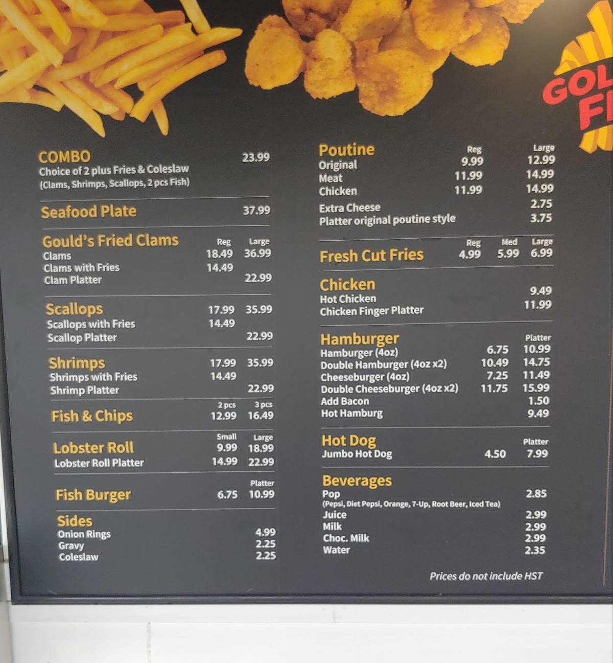 Menu at Golden Fry restaurant, Shediac