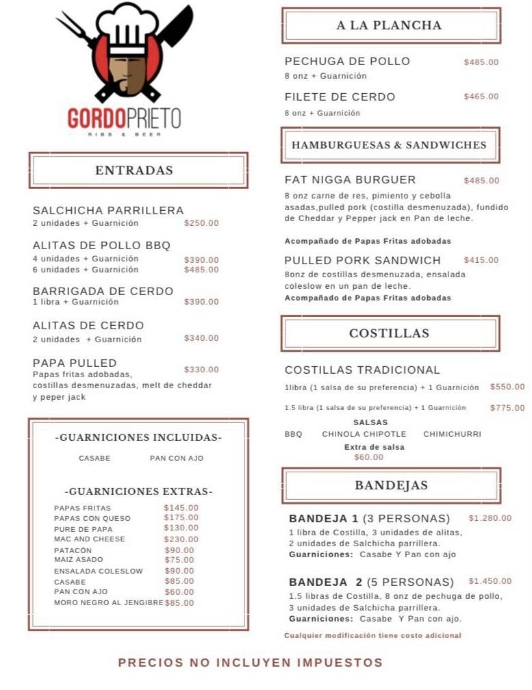 Menu at Gordo Prieto Ribs And Beer restaurant, Santiago De Los Caballeros