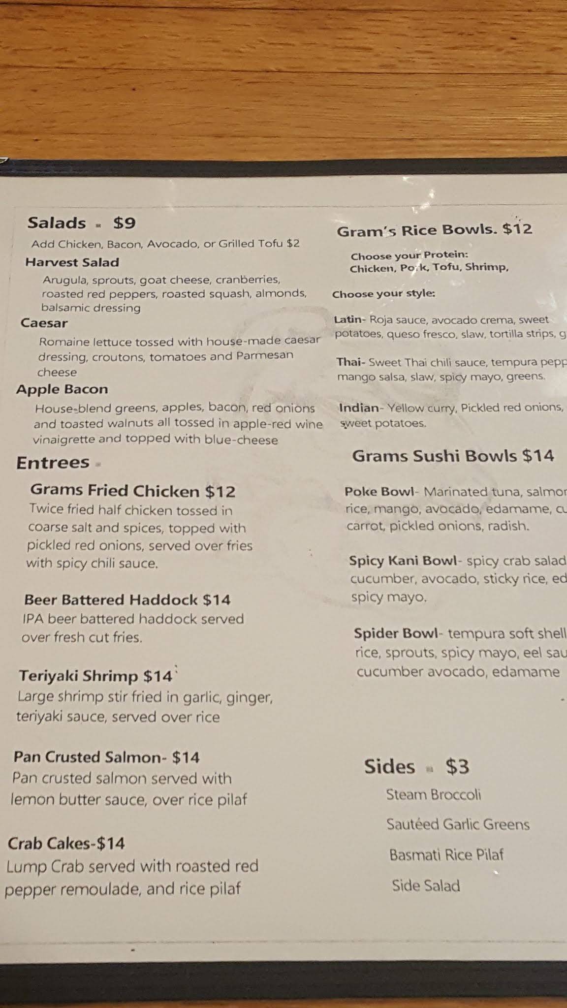 Menu at Gram's Eatery restaurant, Lewisburg