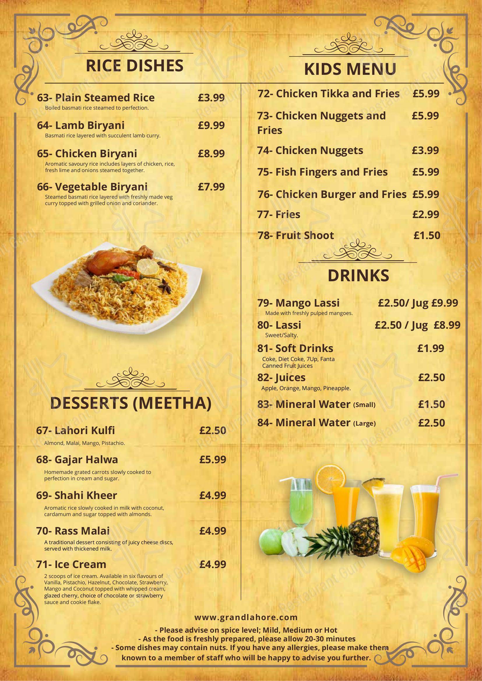 Menu at Grand Lahore restaurant, Slough