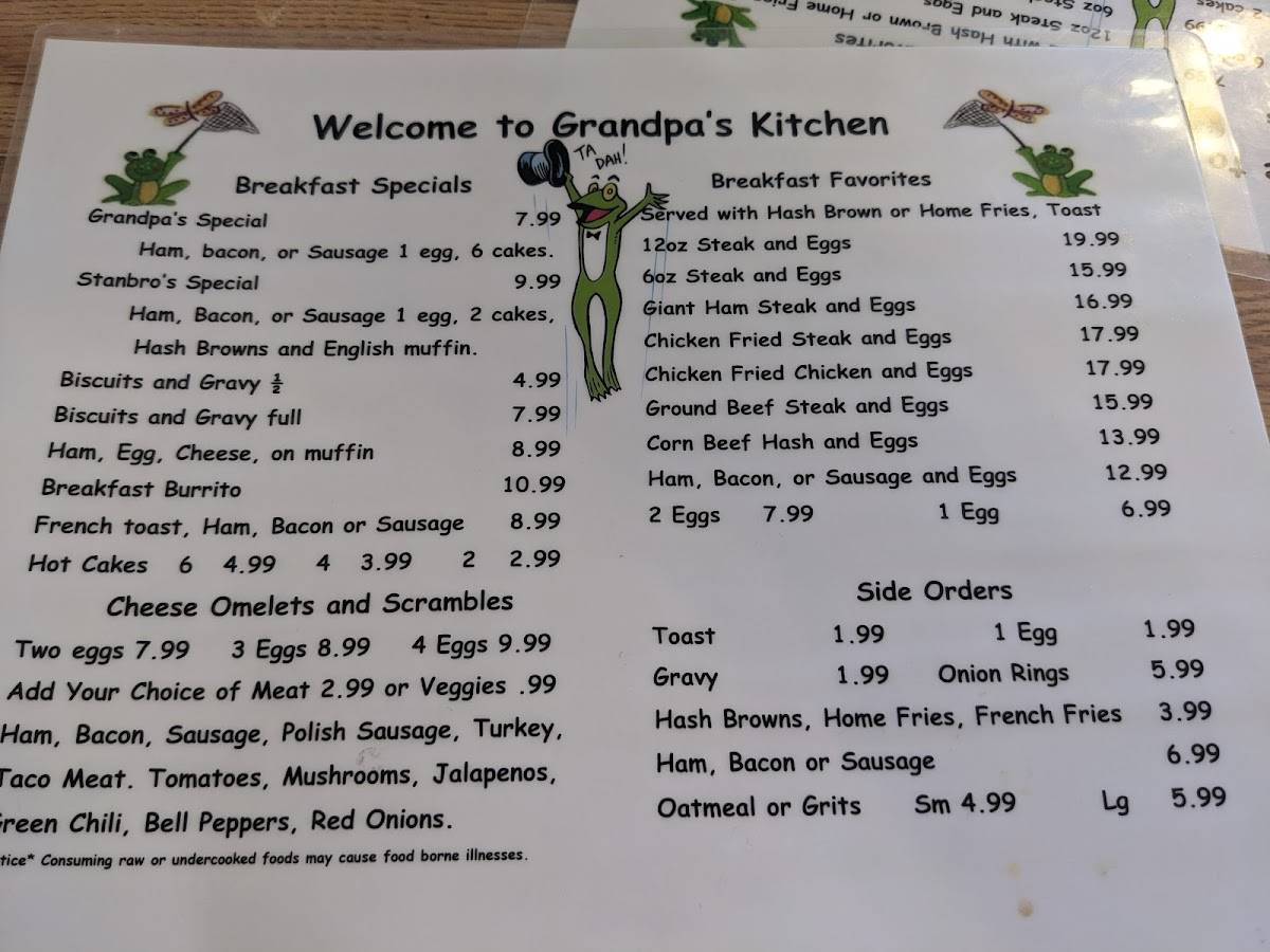 Menu at Grandpa's Kitchen restaurant, Kingman