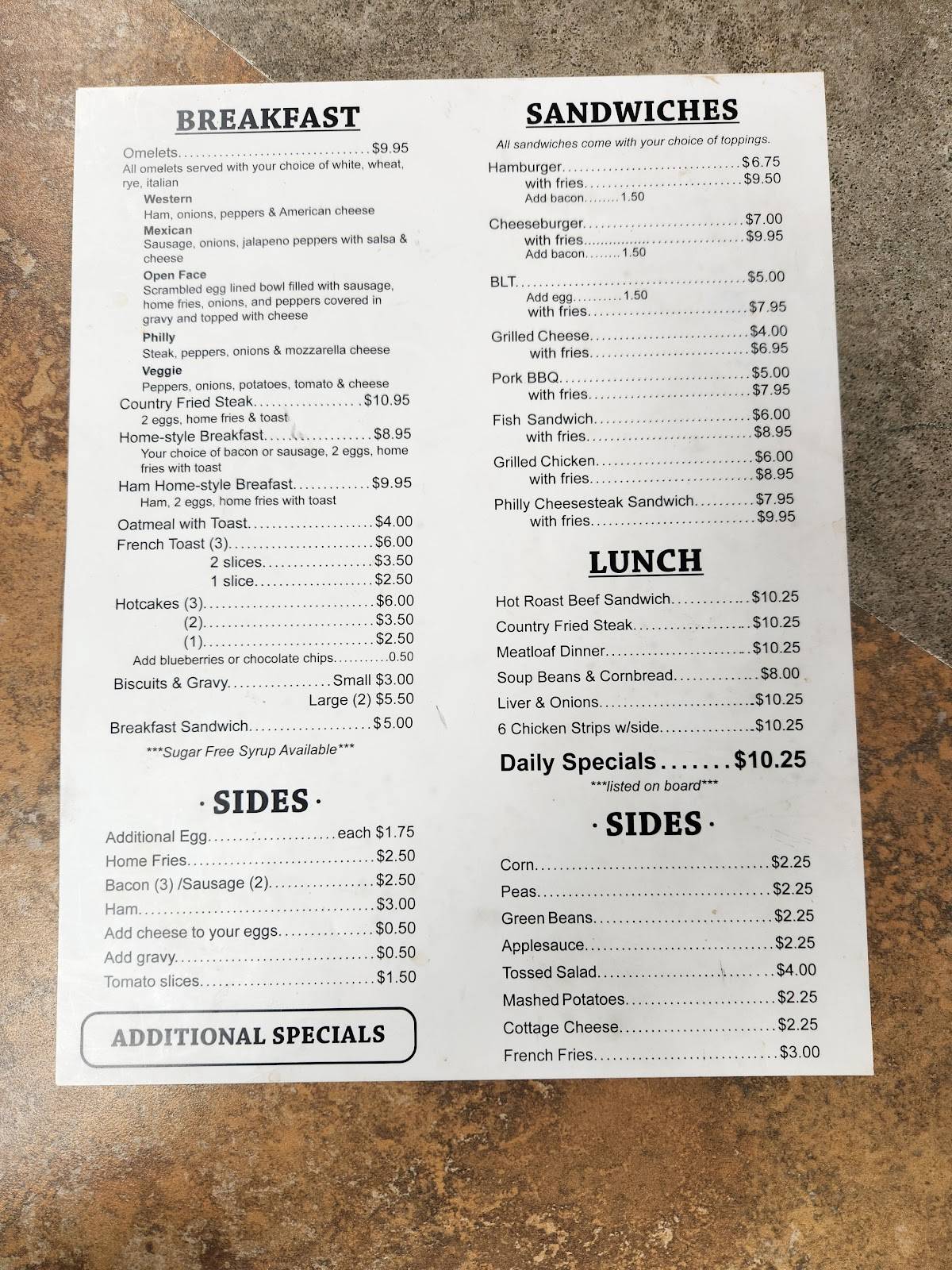 Menu at Grandma's Country Kitchen restaurant, Westover
