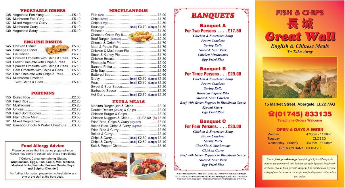 Menu at Great Wall Abergele fast food, Abergele